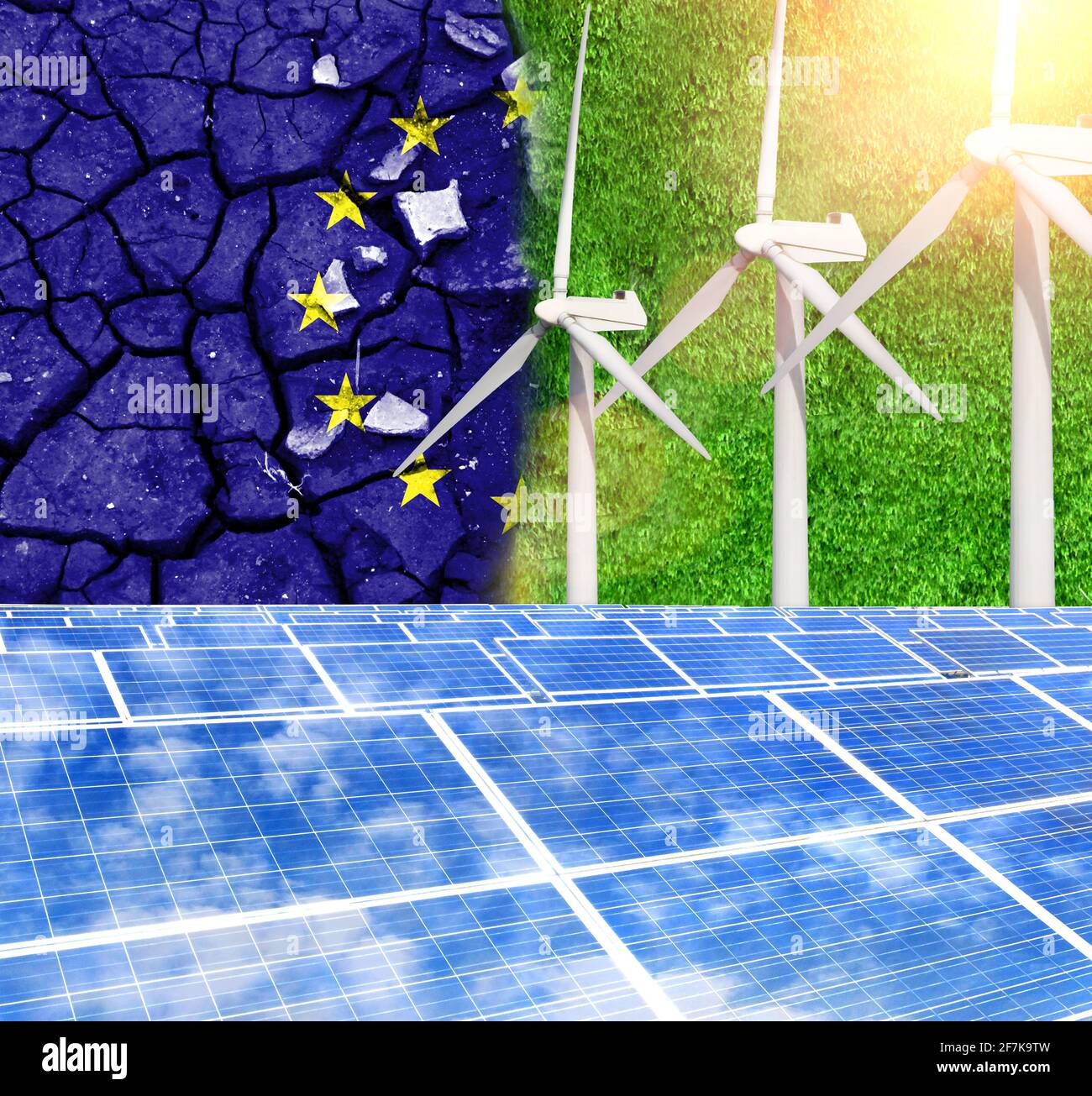 Solar panels on the background with the flag of European Union and Wind ...