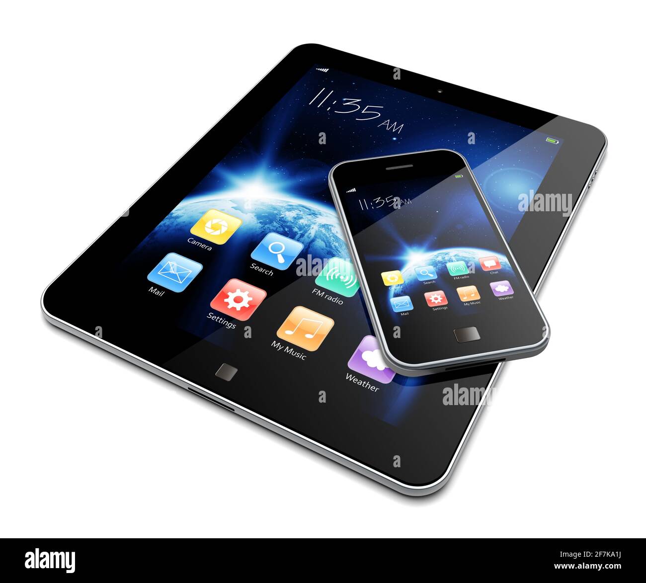 Tablet PC and mobile smartphone with space dawn wallpaper and apps on a ...