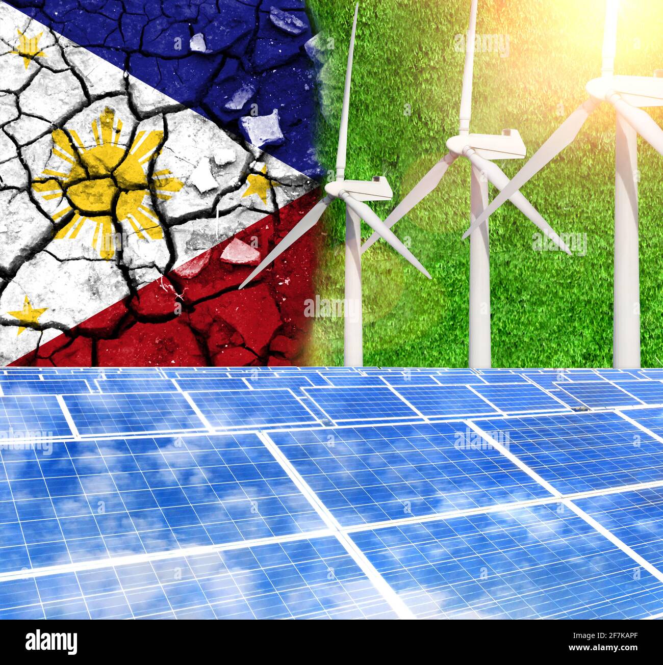 Solar panels on the background with the flag of Philippines and Wind ...