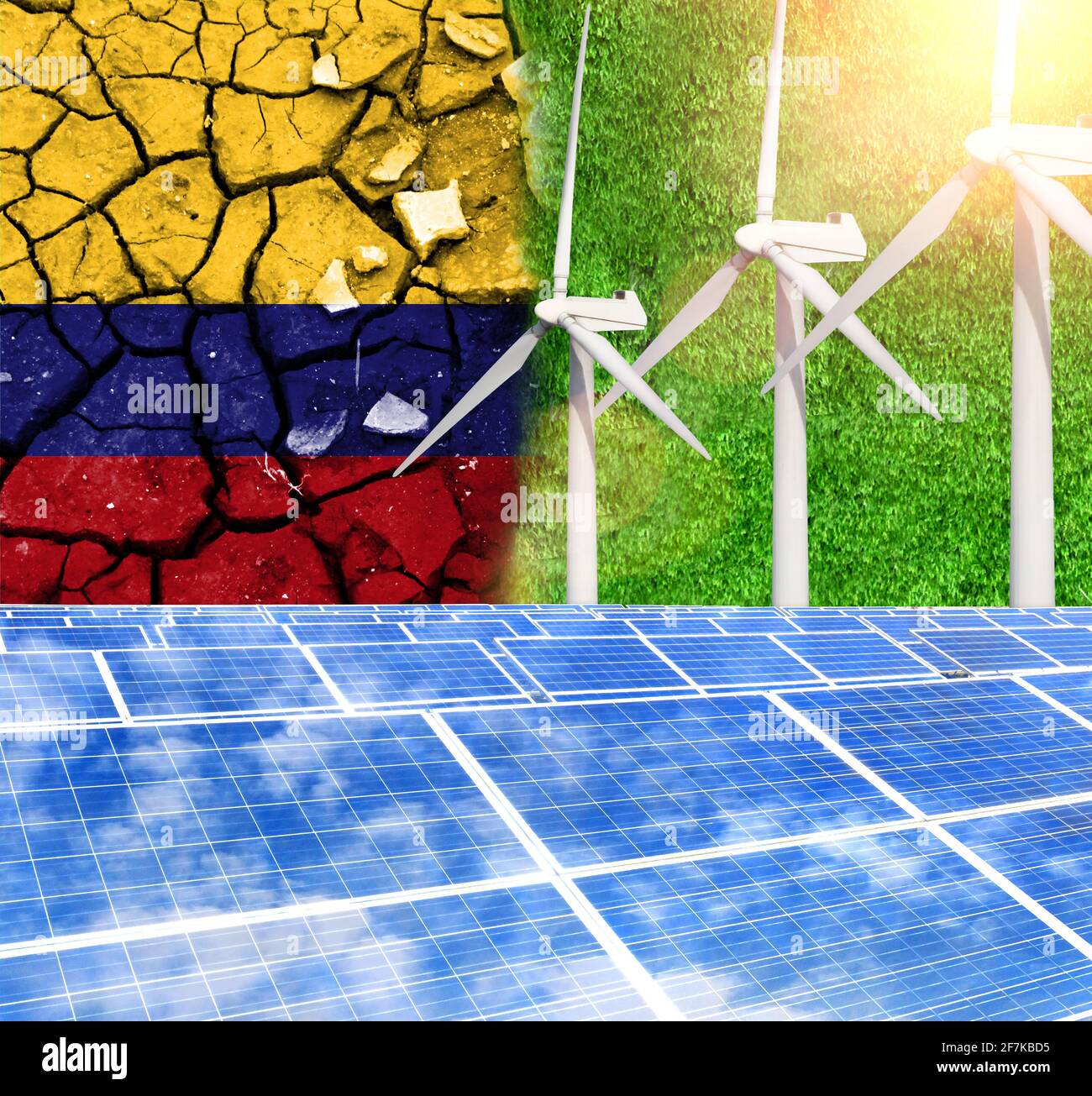 Solar panels on the background with the flag of Colombia and Wind ...