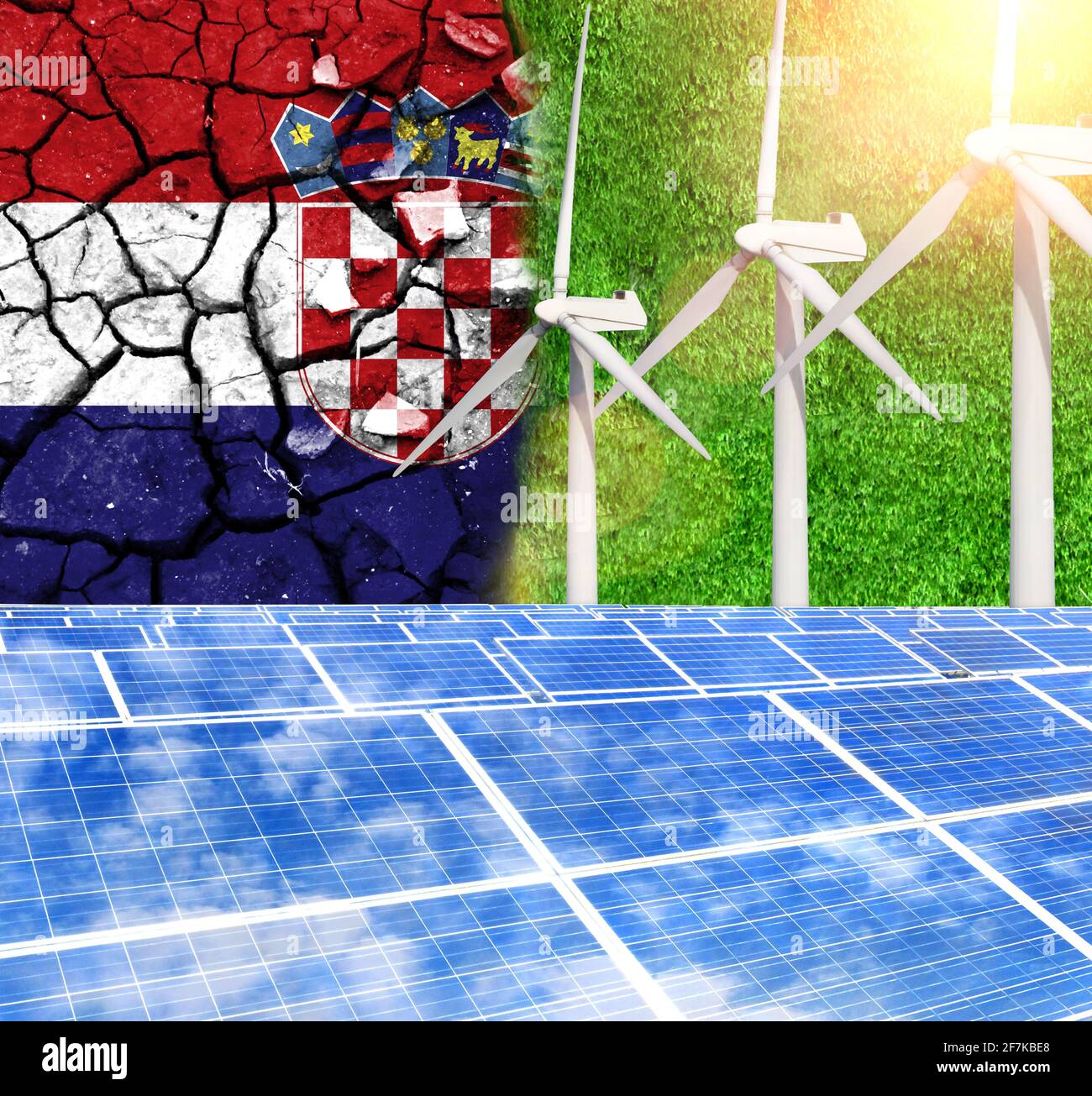 Solar panels on the background with the flag of Croatia and Wind ...