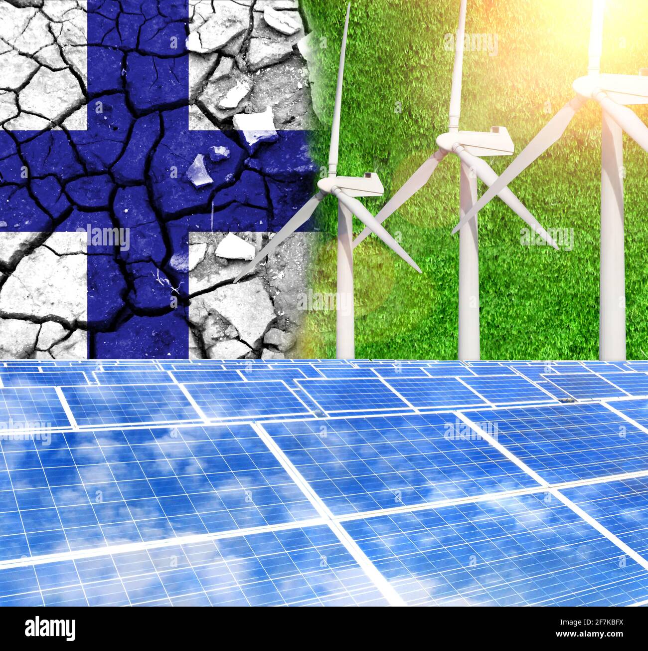 Solar panels on the background with the flag of Finland and Wind ...