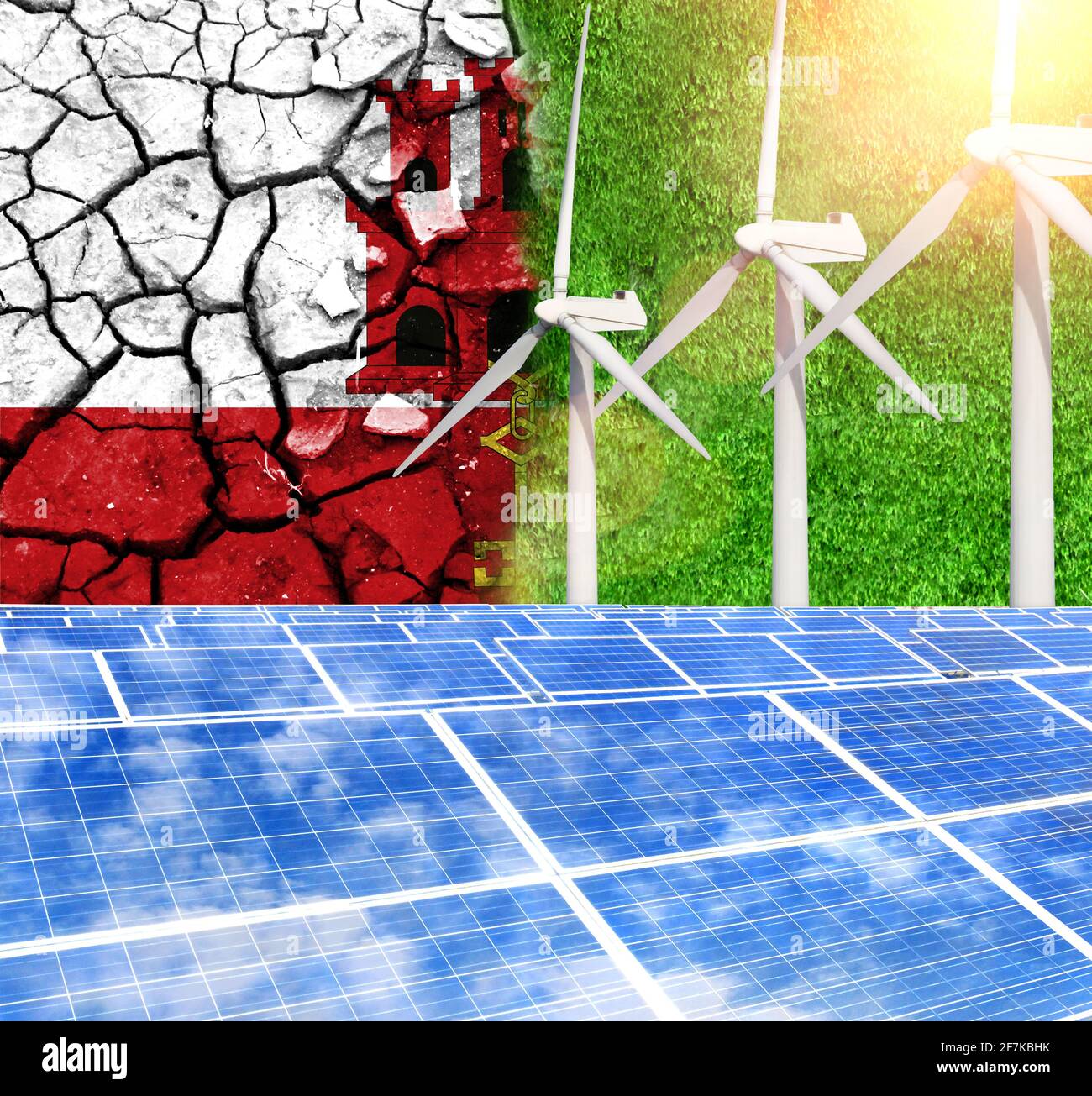 Solar panels on the background with the flag of Gibraltar and Wind ...
