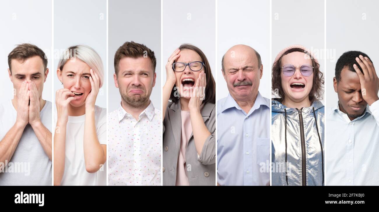 Collage of displeased upset women and men frowning face as going to cry ...