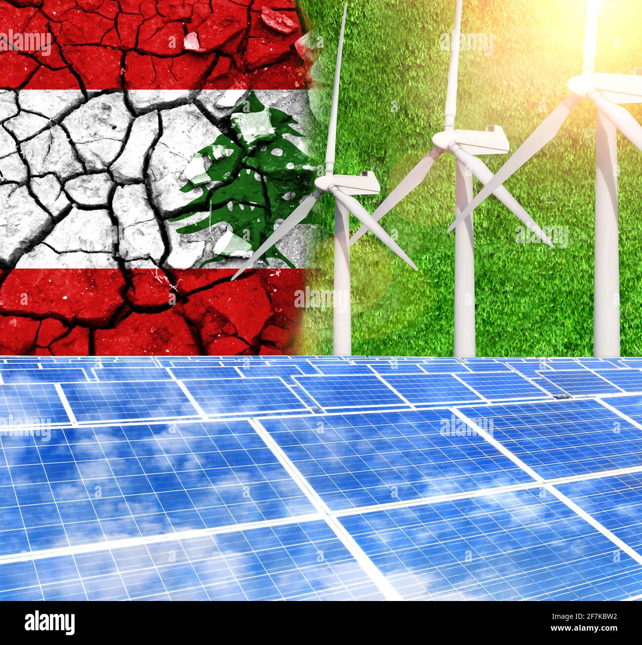 Solar panels on the background with the flag of Lebanon and Wind ...