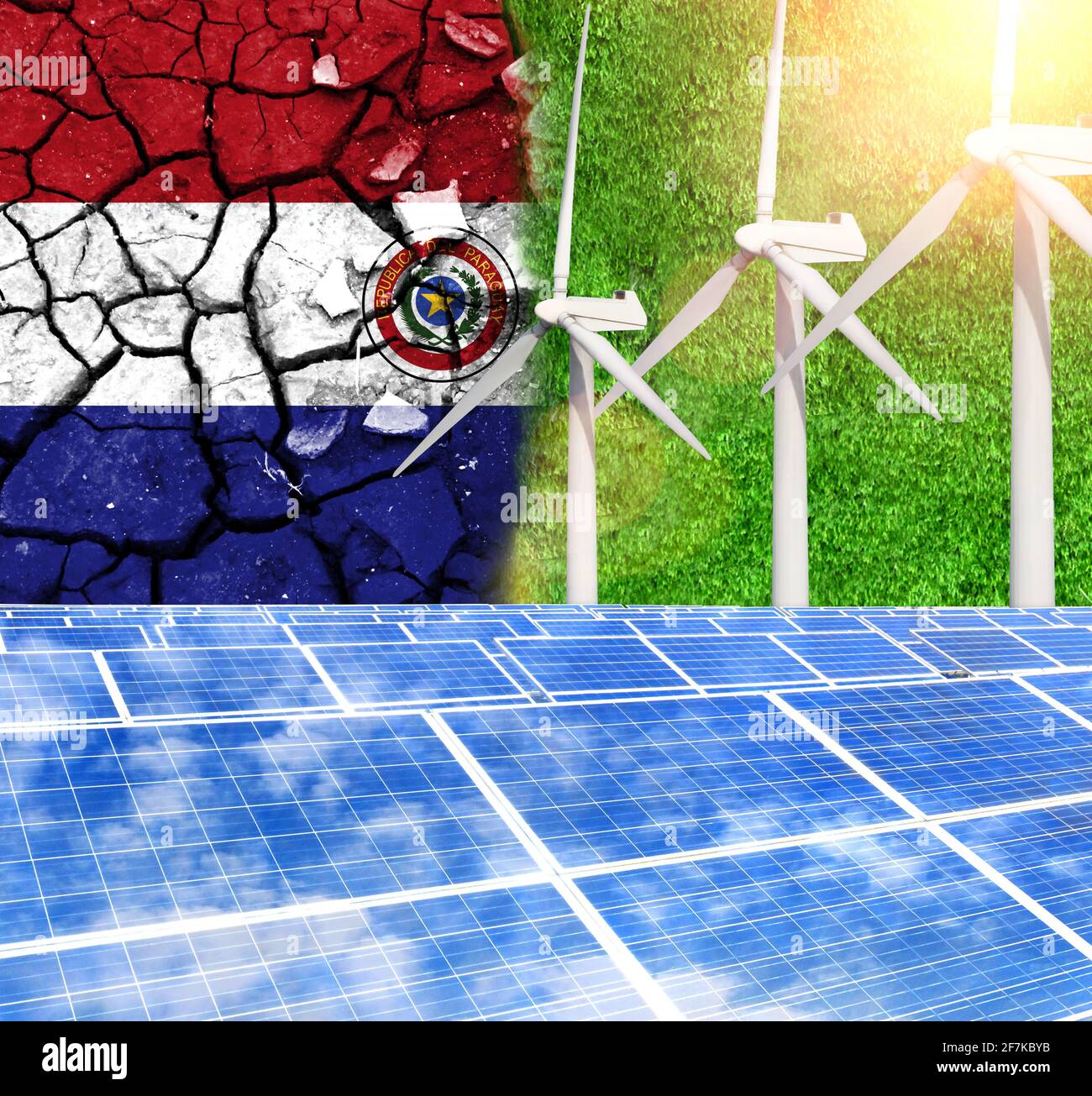 Solar panels on the background with the flag of Paraguay and Wind ...