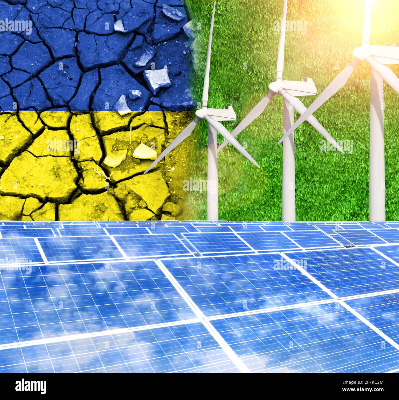 Solar panels on the background with the flag of Ukraine and Wind ...