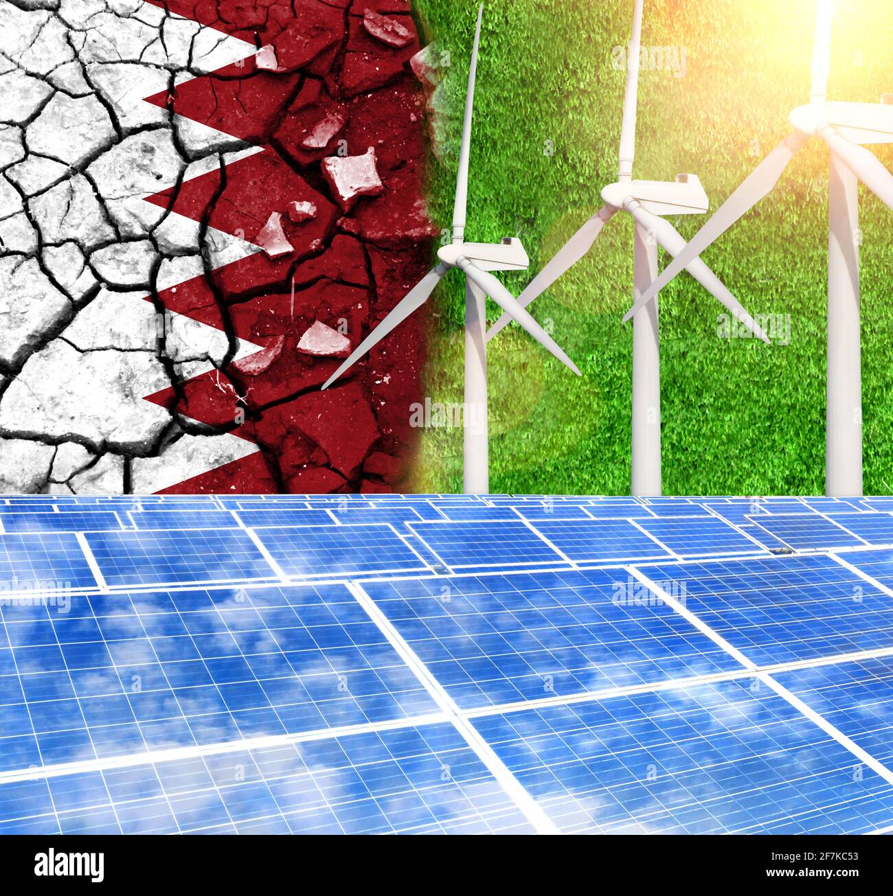 Solar panels on the background with the flag of Bahrain and Wind ...