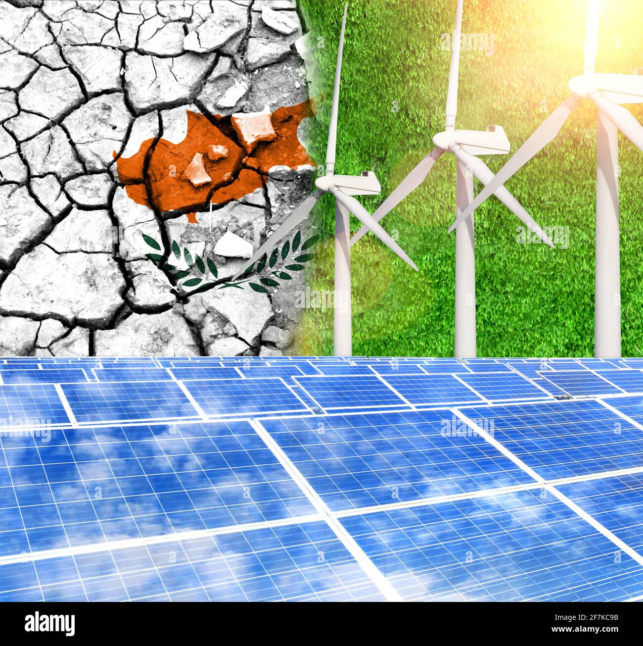 Solar panels on the background with the flag of Cyprus and Wind Turbine ...