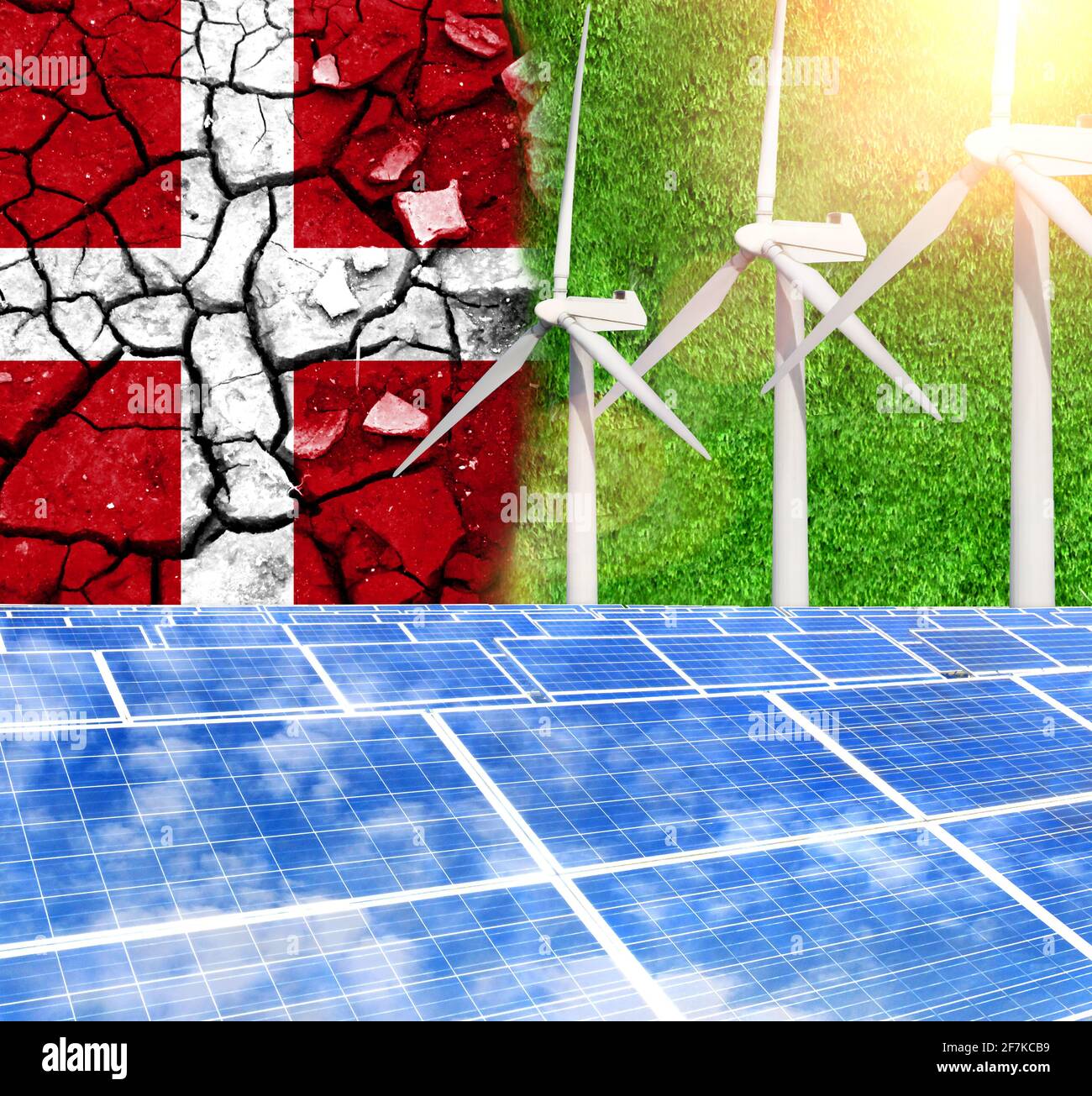 Solar panels on the background with the flag of Denmark and Wind ...