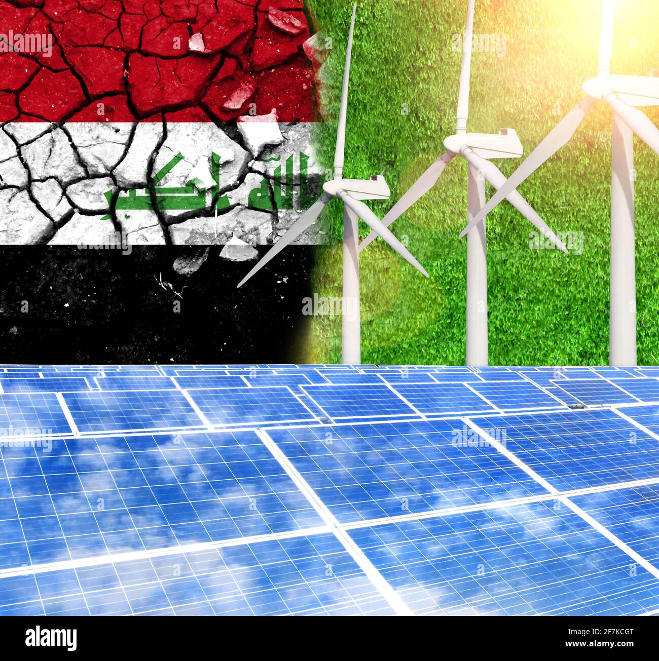Solar panels on the background with the flag of Iraq and Wind Turbine ...