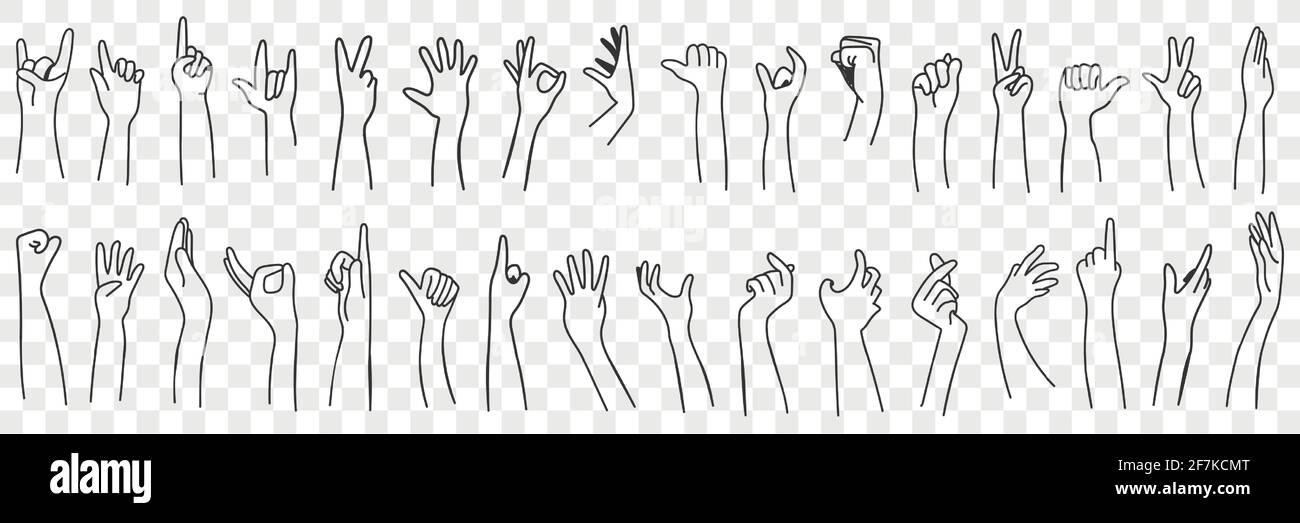 Hand gesture language doodle set. Collection of hand drawn human hands ...