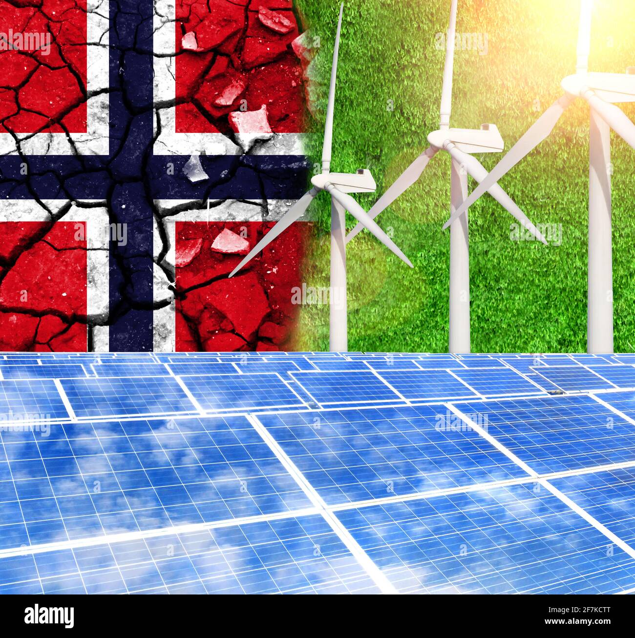 Solar panels on the background with the flag of Norway and Wind Turbine ...