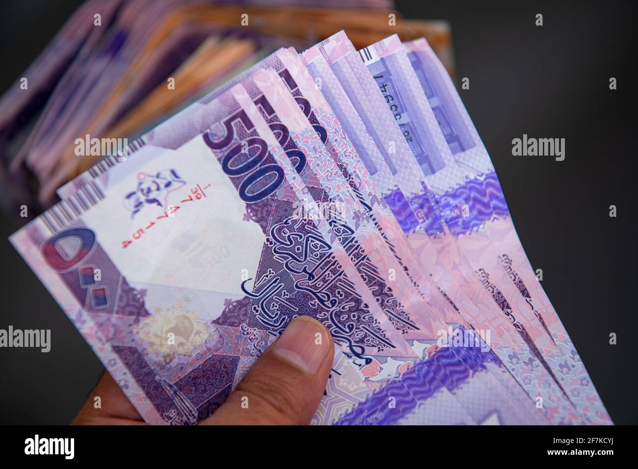 Men's hands holding and Counting Qatari Bank notes. 500 Rial new notes ...