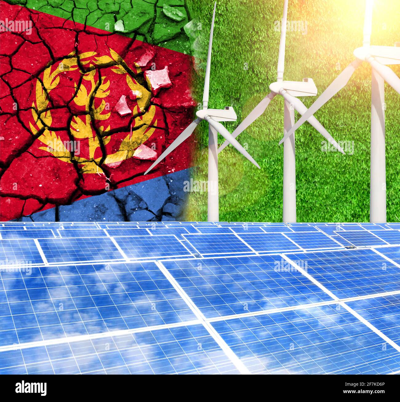 Solar panels on the background with the flag of Eritrea and Wind ...