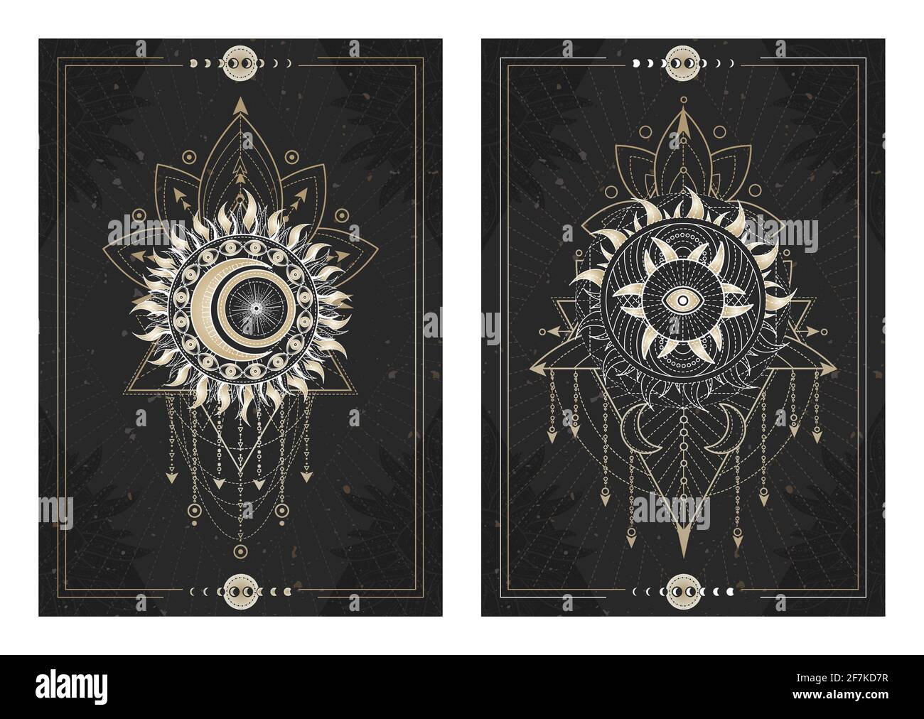 Vector dark illustrations with sacred geometry symbols, grunge textures ...