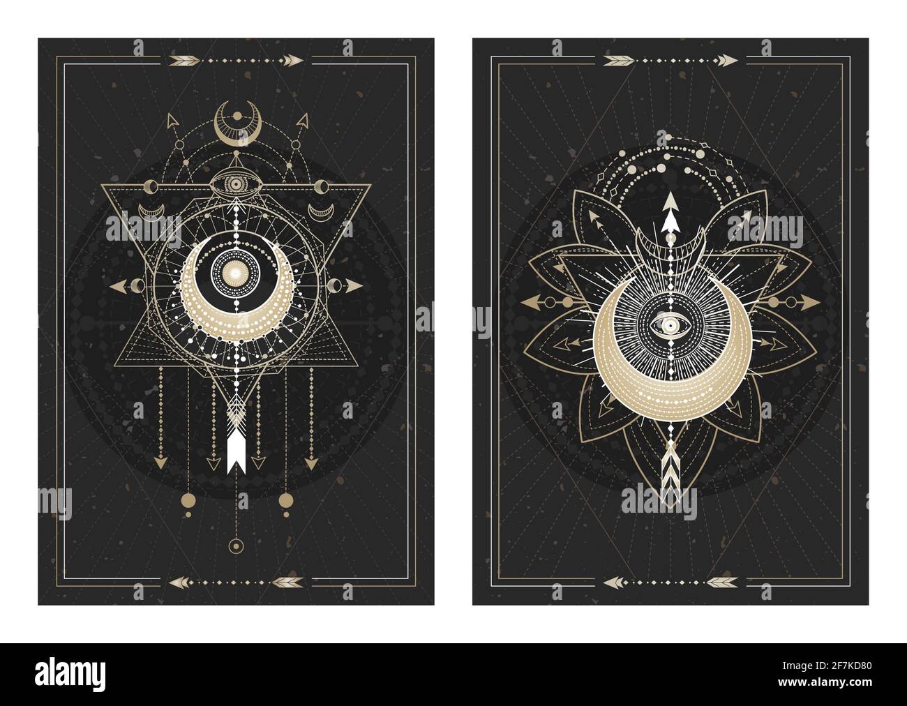 Vector dark illustrations with sacred geometry symbols, grunge textures ...