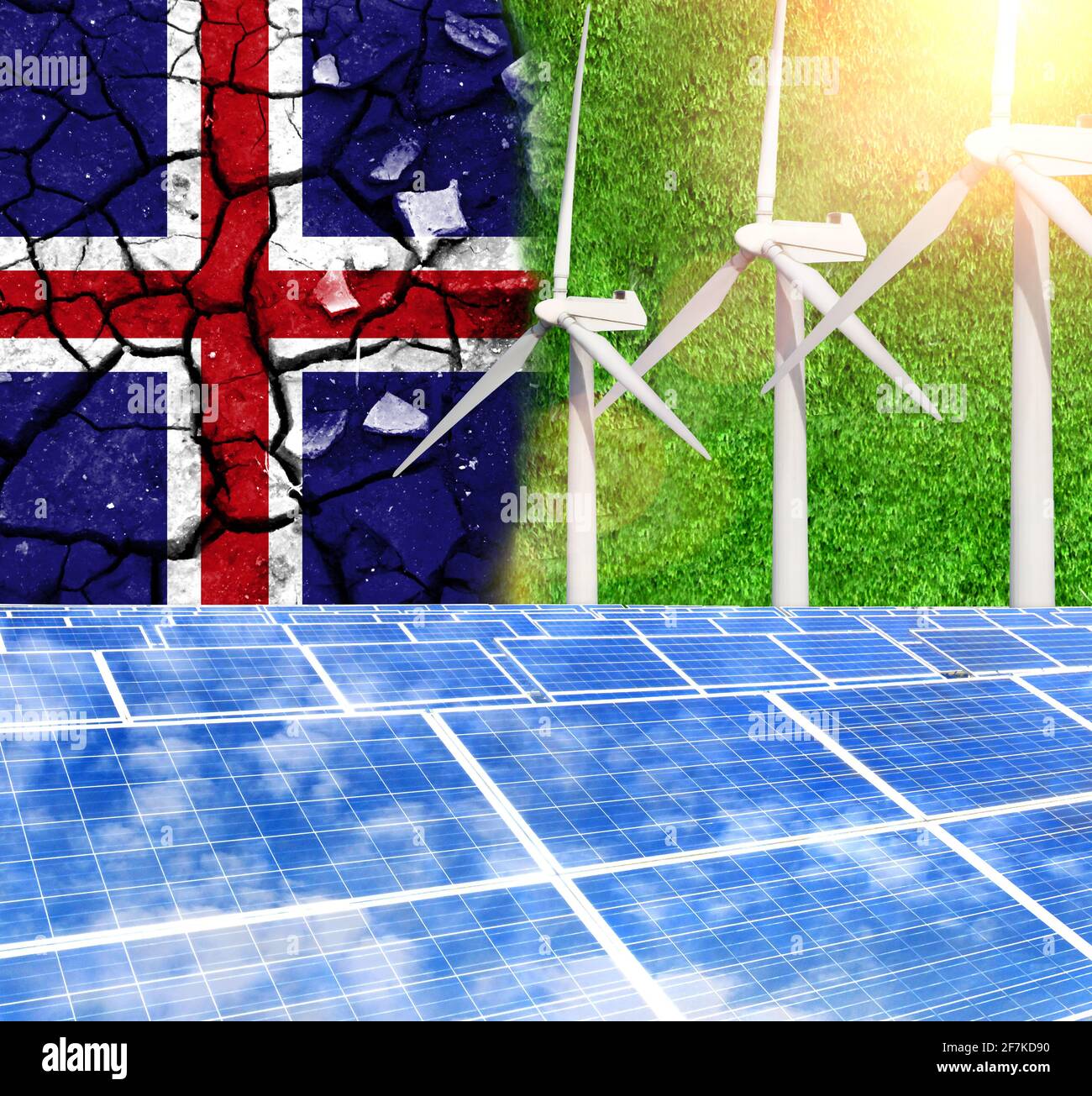 Solar panels on the background with the flag of Iceland and Wind ...