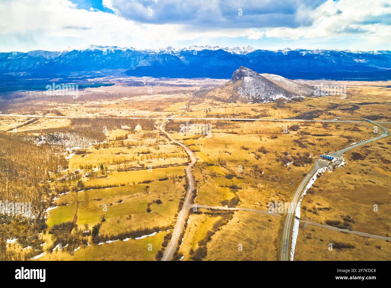 Lika region. Zir hill and Velebit mountain in Lika landscape aerial ...