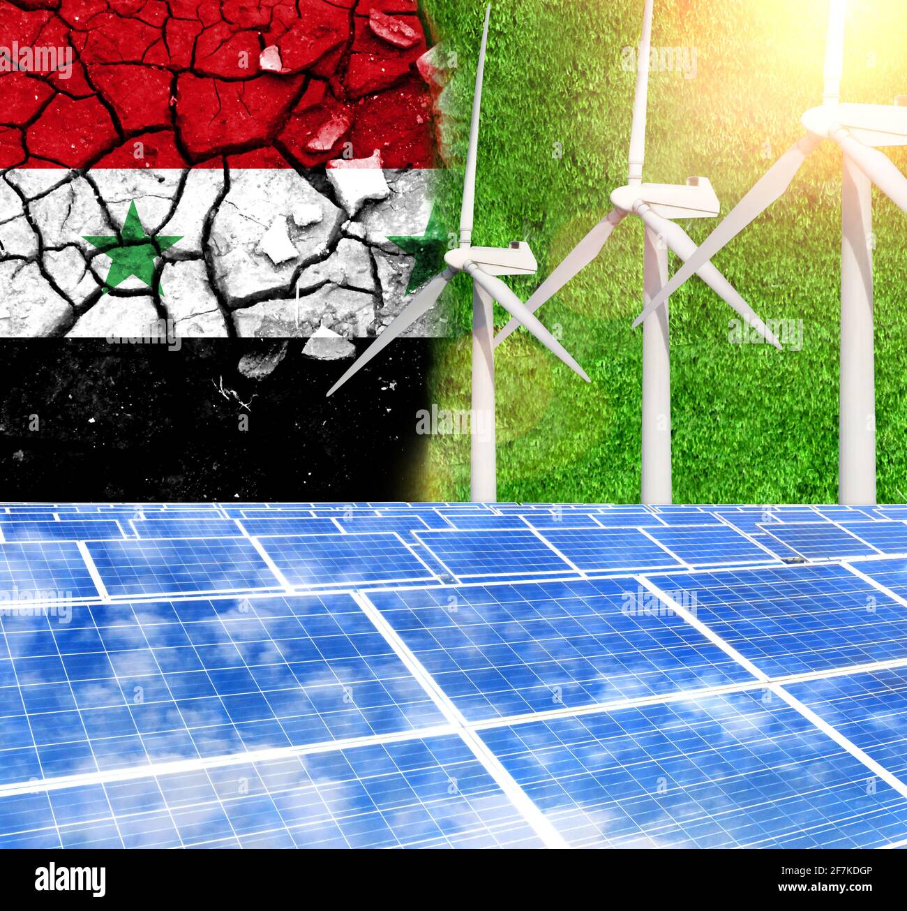 Solar panels on the background with the flag of Syria and Wind Turbine ...