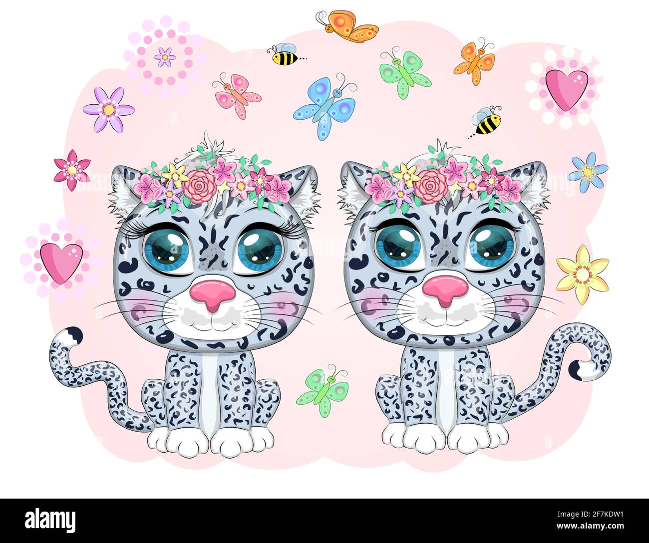 Cartoon snow leopard couple with expressive eyes among flowers, hearts ...