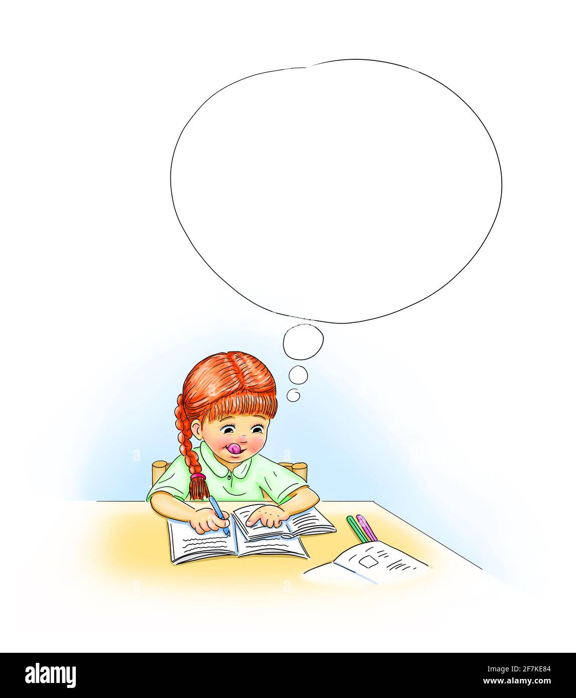 Girl schoolgirl does homework at desk writes reads strained tongue ...
