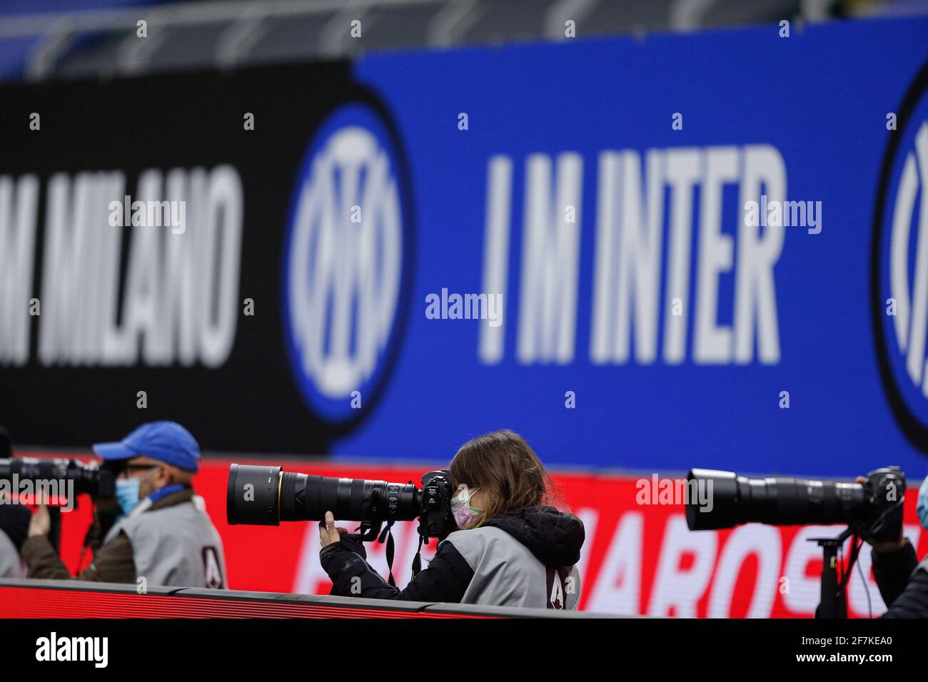 Photographers under the new FC Internazionale banner during Inter - FC ...