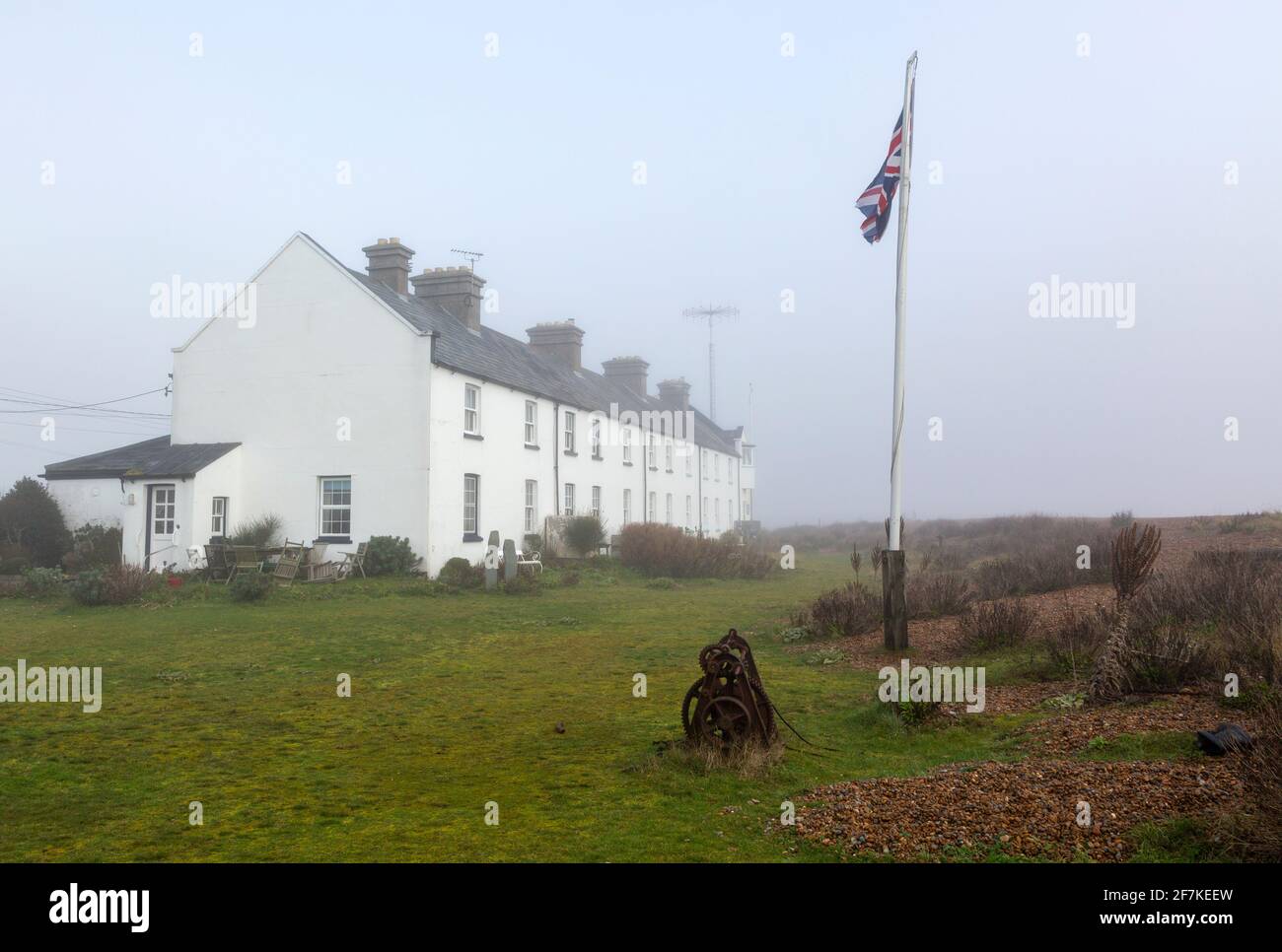 Union Jack flag, shell white line, misty day, Coastguard Cottages ...