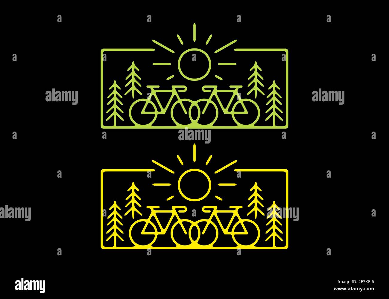 Green and yellow illustration of road bike in nature with dark ...