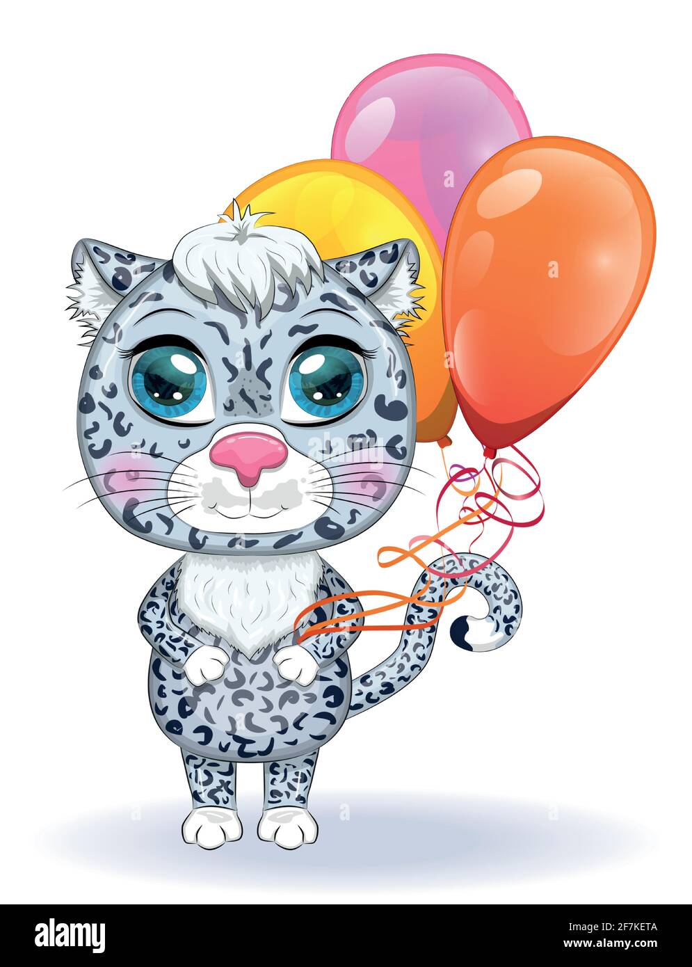 Cartoon snow leopard with expressive eyes with balloons, holiday ...