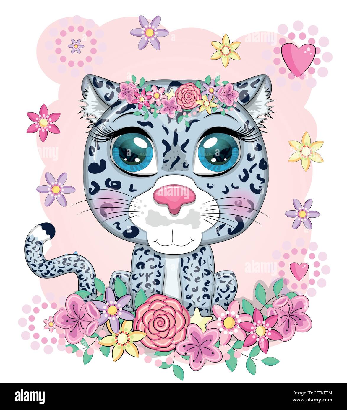 Cartoon snow leopard with expressive eyes among flowers, hearts ...