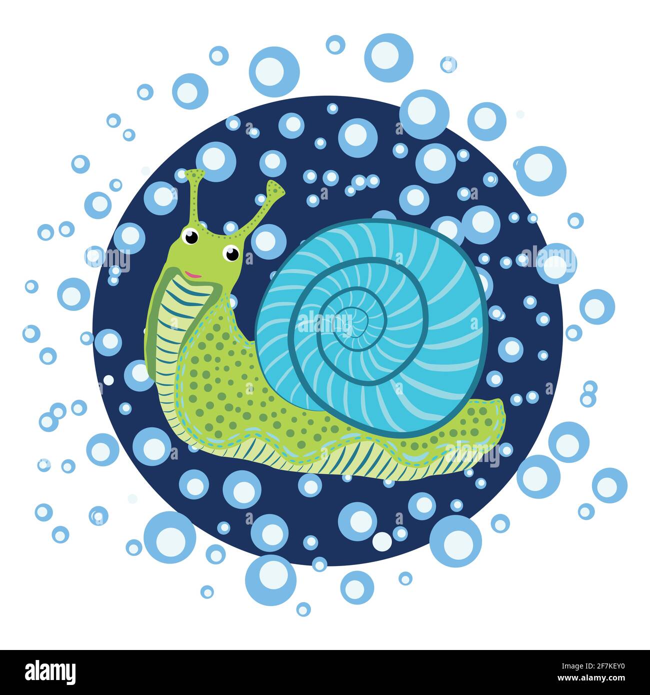 Blue Snail beautiful character in water bubbles, Scandinavian style ...