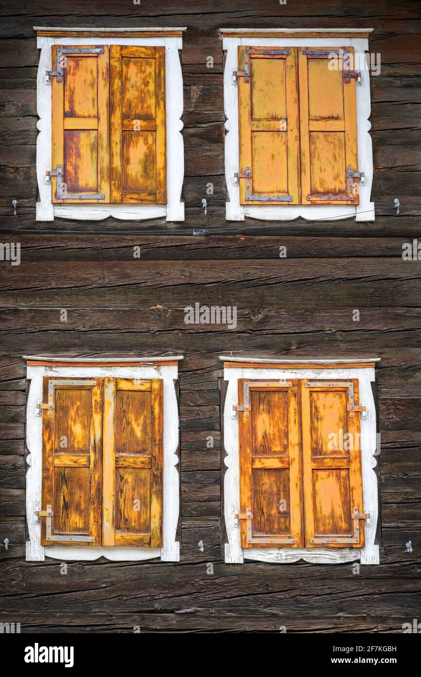 Rustic wooden window shutters, alpine barn, Oberwald, Switzerland Stock ...
