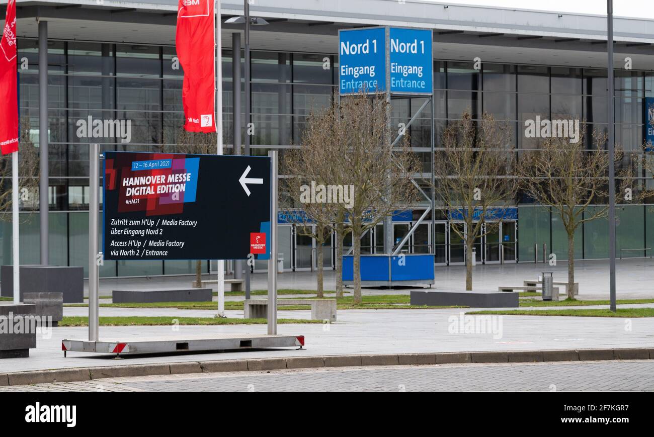 Hanover, Germany. 08th Apr, 2021. Signs on the exhibition grounds point ...
