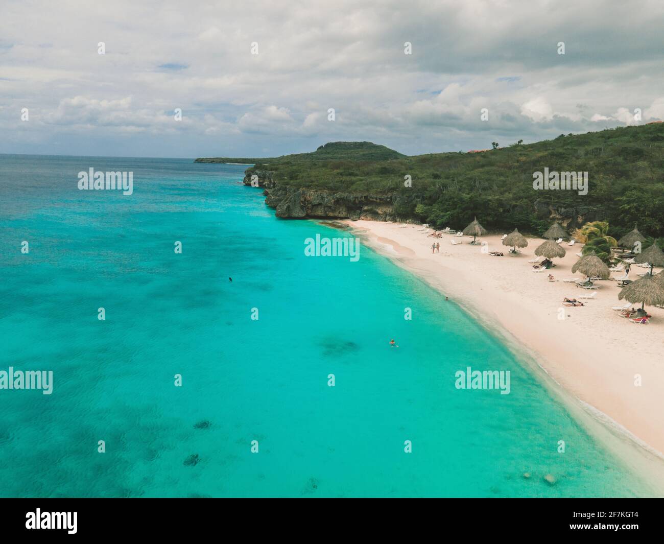 Aerial view of the coast of Curacao in the Caribbean Sea with turquoise ...