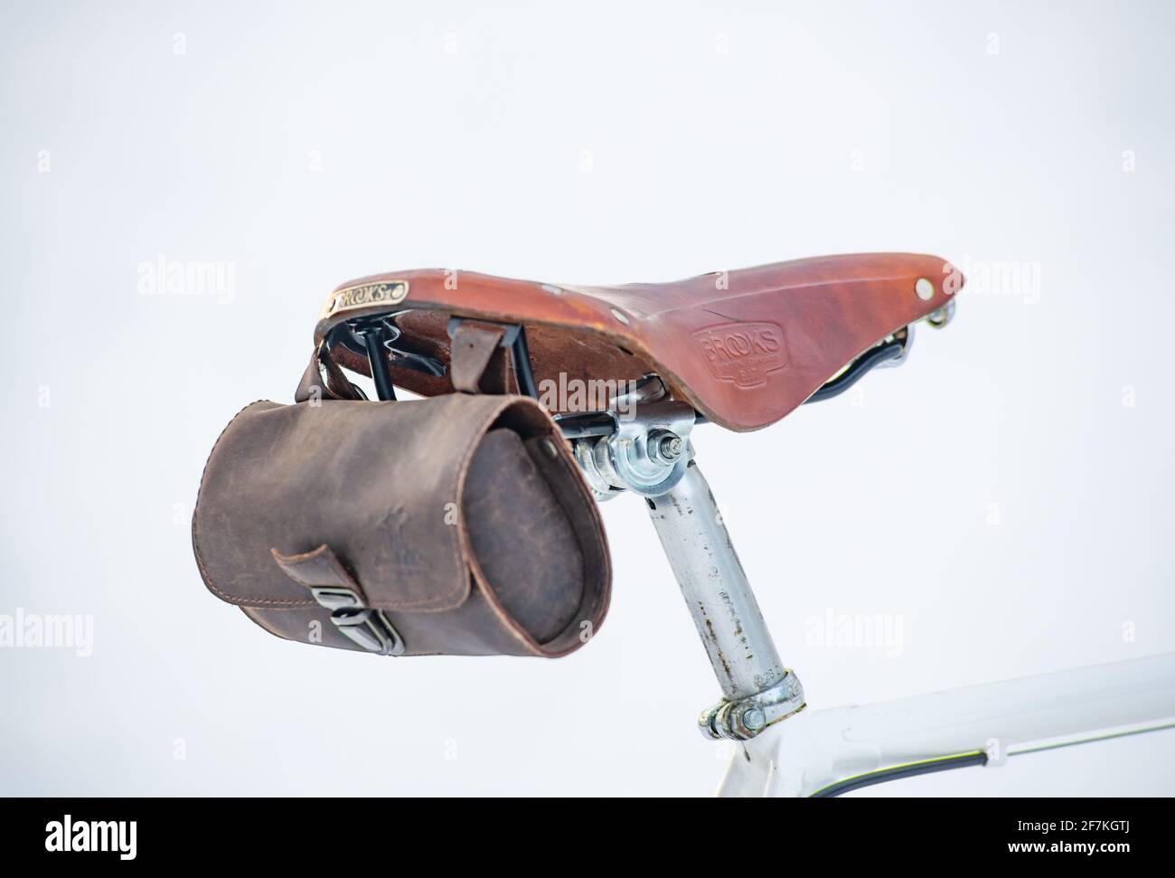 enns, austria, 08 april 2021, brooks saddle on a vintage italian road ...