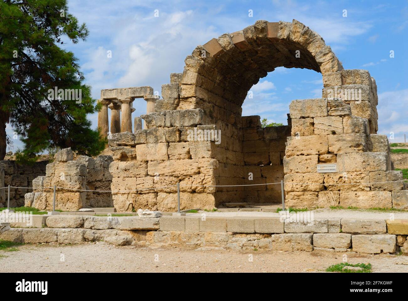ruins of ancient Corinth, temple of Apollo, other ruins in front ...