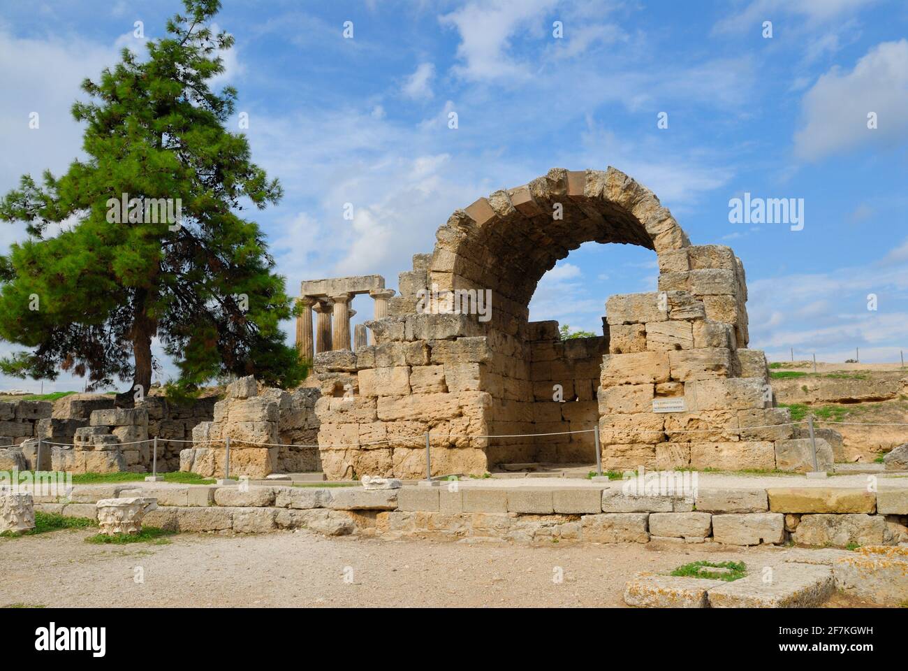 ruins of ancient Corinth, temple of Apollo, other ruins in front ...