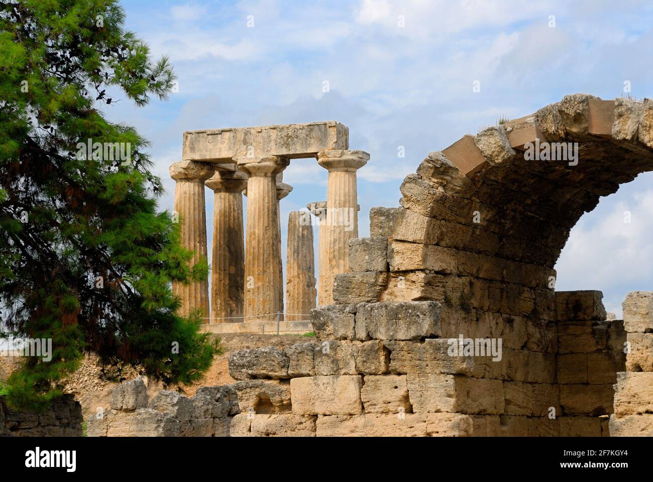 ruins of ancient Corinth, temple of Apollo behind, other ruins in front ...