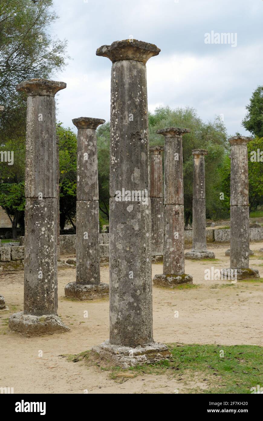 ruins of ancient Olympia, columns of Palaestra, Greece, Europe Stock ...