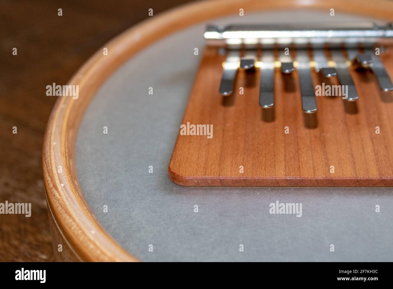 Sansula close-up view of tines to be played with thumbs. Simple african ...
