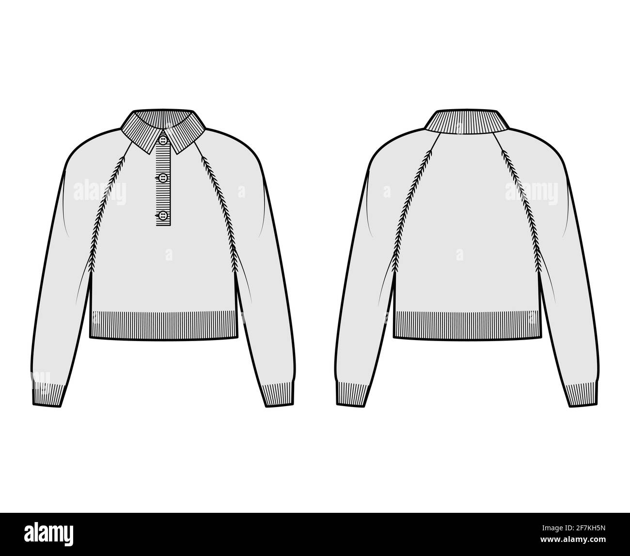 Cropped Polo Sweater technical fashion illustration with rib henley ...