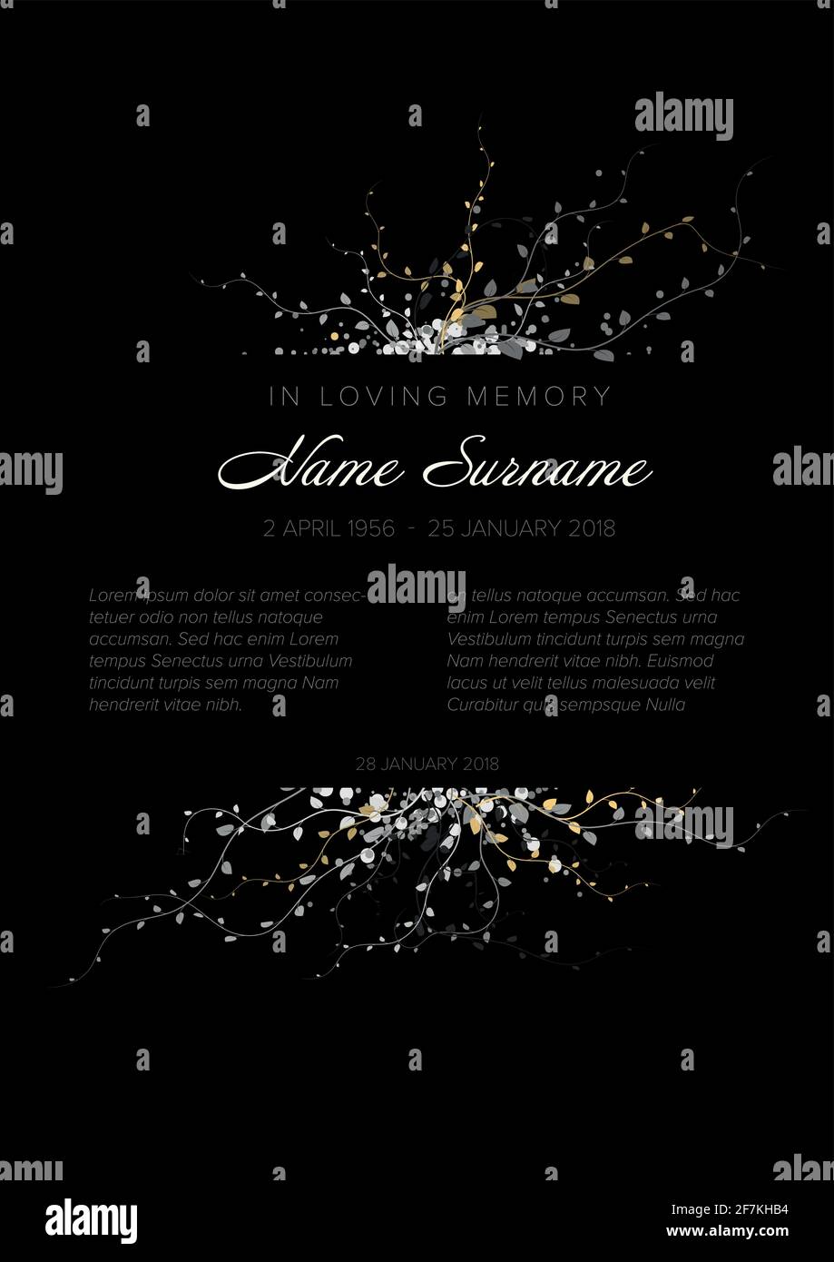 Funeral condolence death notice card template with handdrawn golden and ...