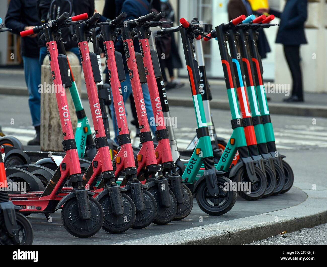 Italy, Rome, March 11, 2021 : Electric scooters parked in Via del Corso ...