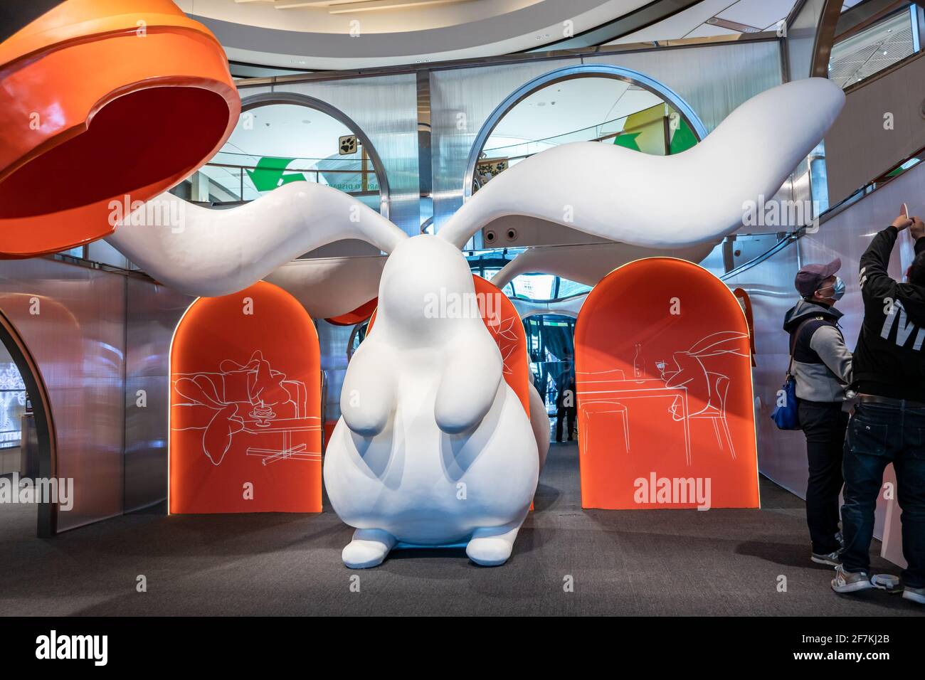 SHANGHAI, CHINA - APRIL 8, 2021 - A white rabbit with long ears and a ...