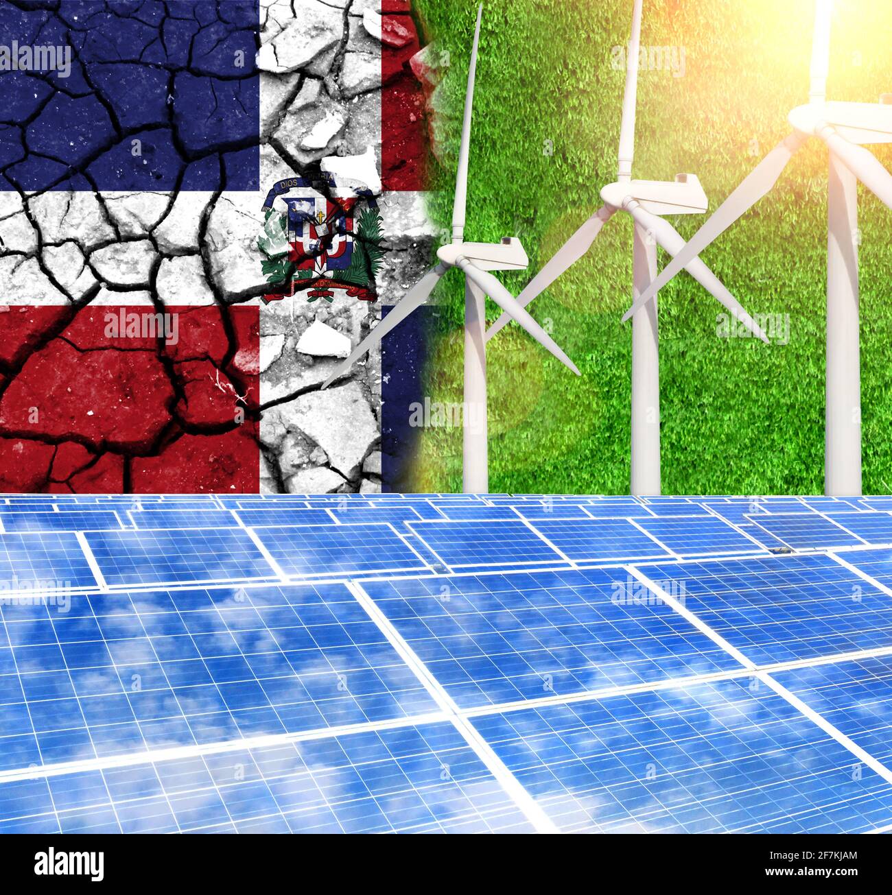 Solar panels on the background with the flag of Dominican Republic and ...