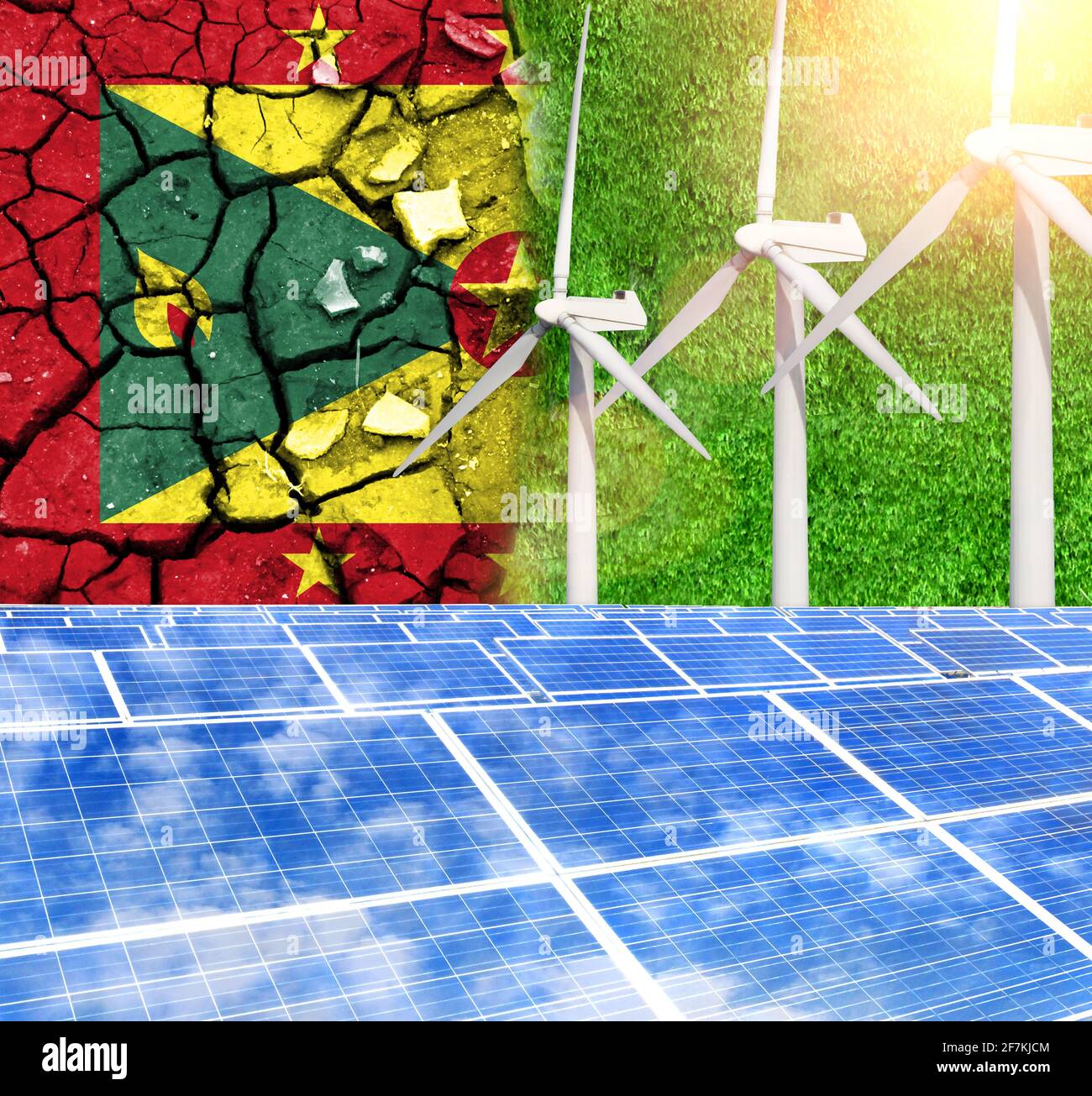 Solar panels on the background with the flag of Grenada and Wind ...