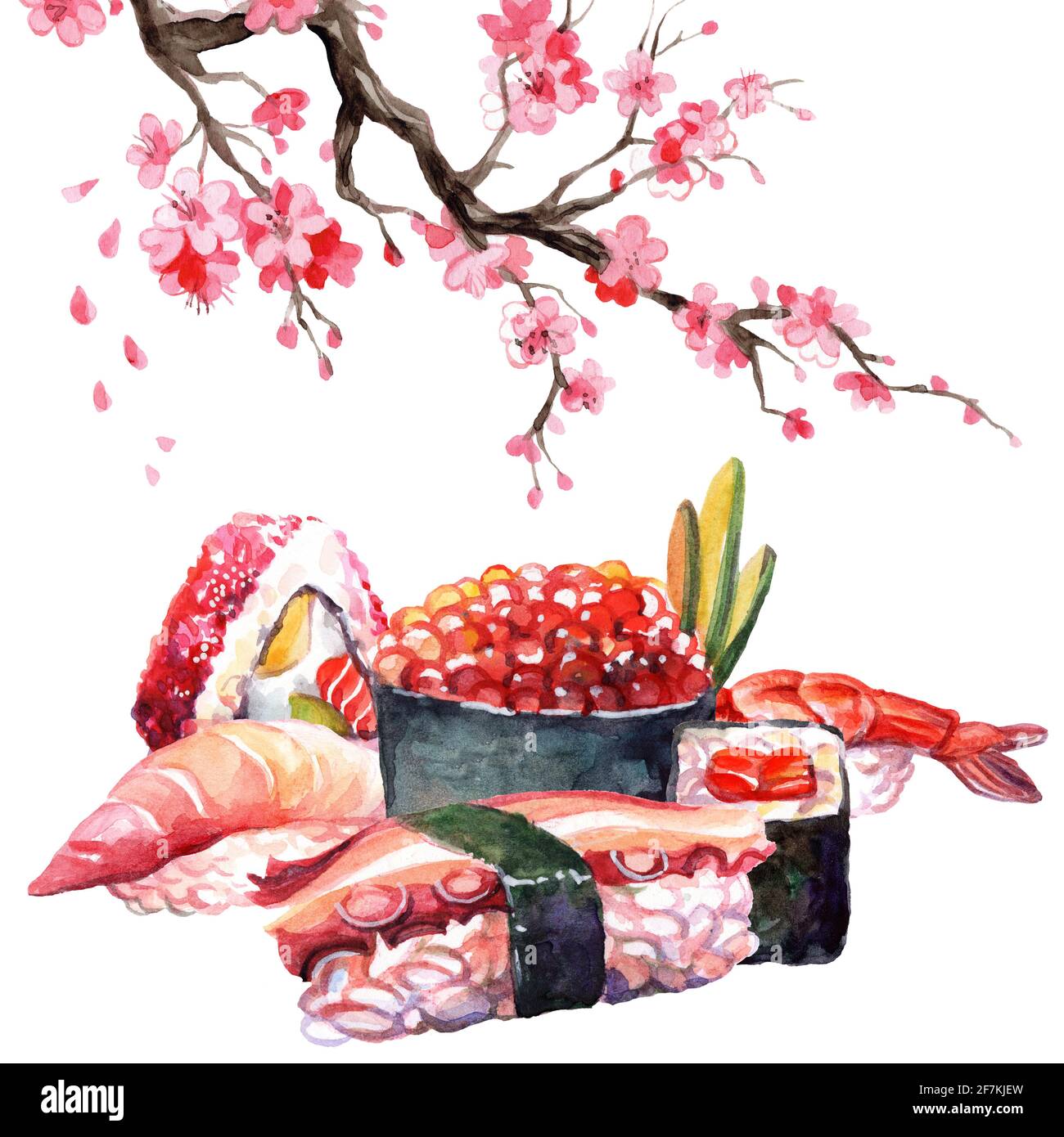 Japanese cuisine sushi with sakura blossom branch, watercolor ...