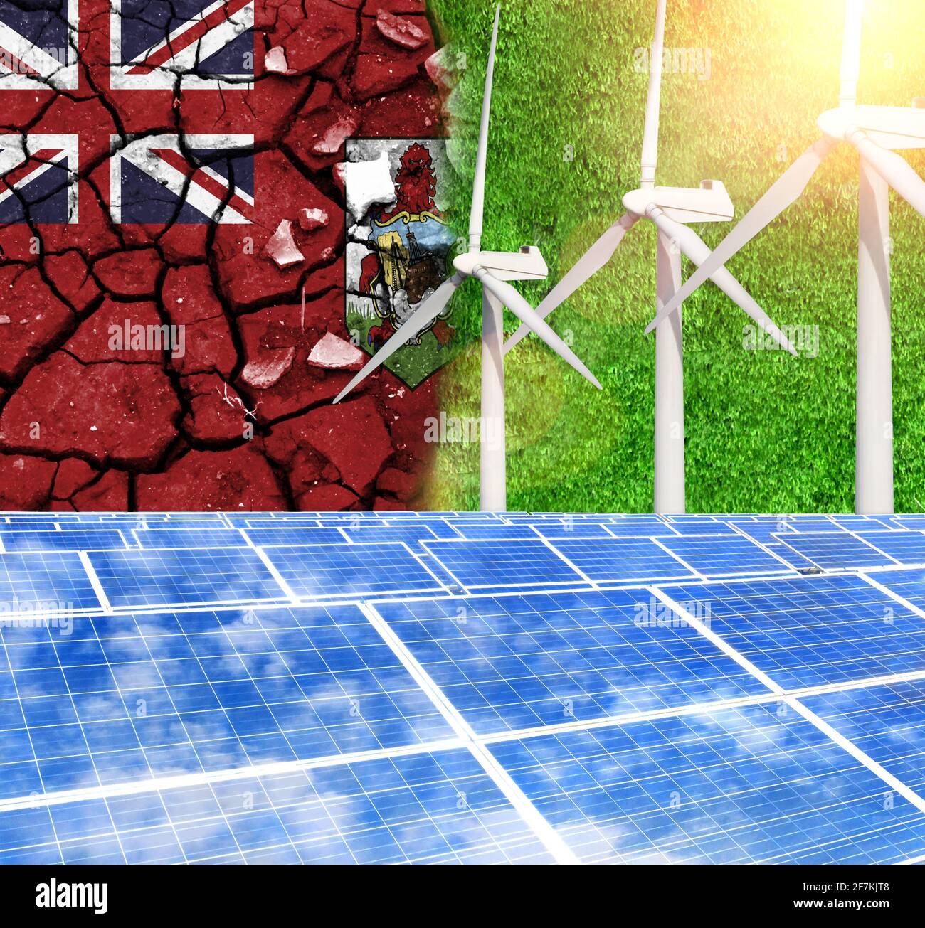Solar panels on the background with the flag of Bermuda Islands and ...