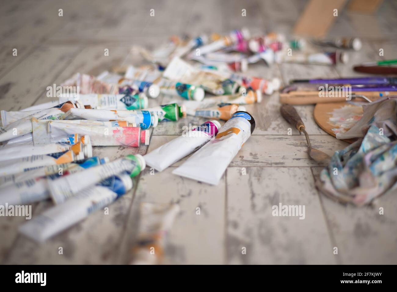 Group of artists paint tubes used tubes of oil paints differential ...